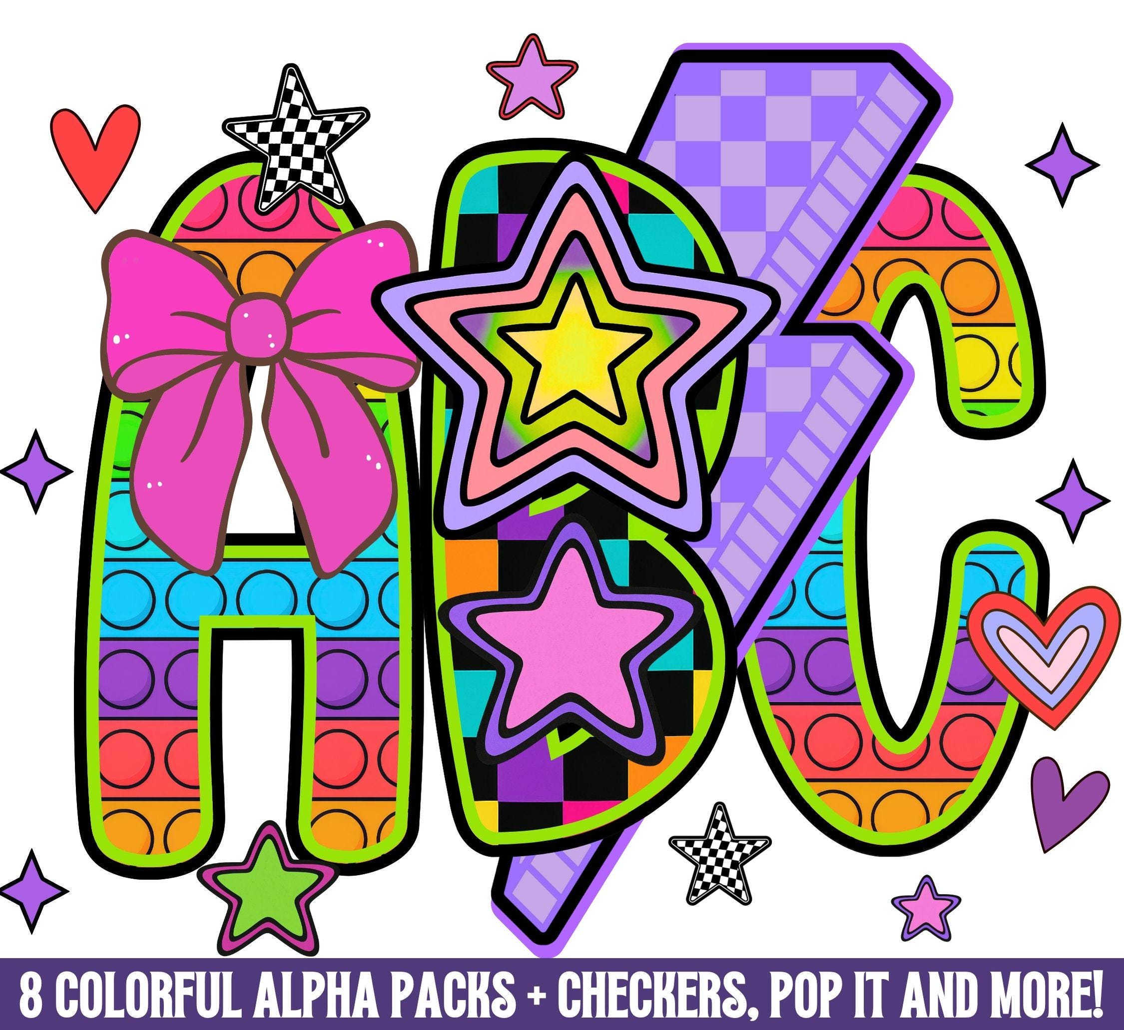 Checkerboard Doodle Alphabet PNG Bundle: Colorful Star Letters (digital ...