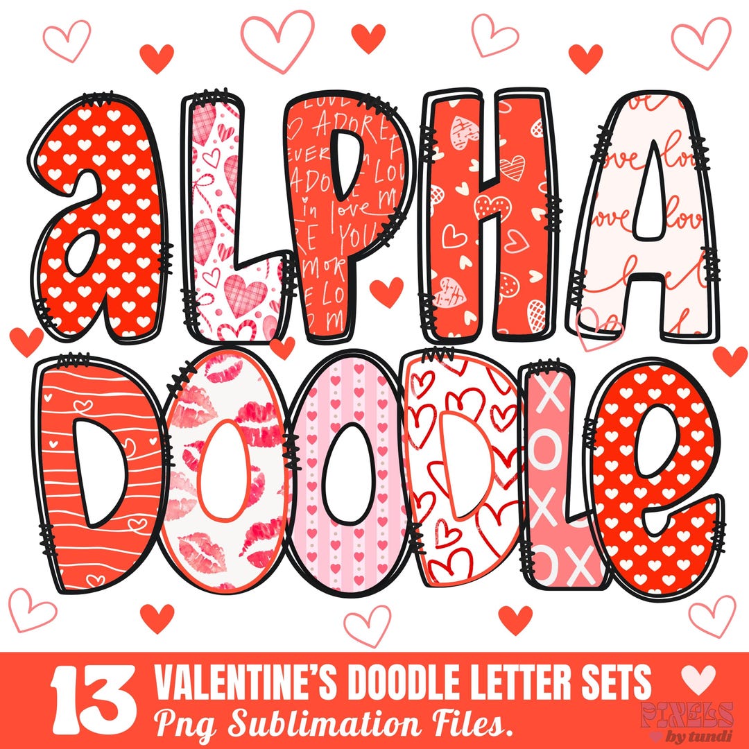 Valentine's Day Doodle Alphabet PNG Bundle, Love Letters and Heart ...