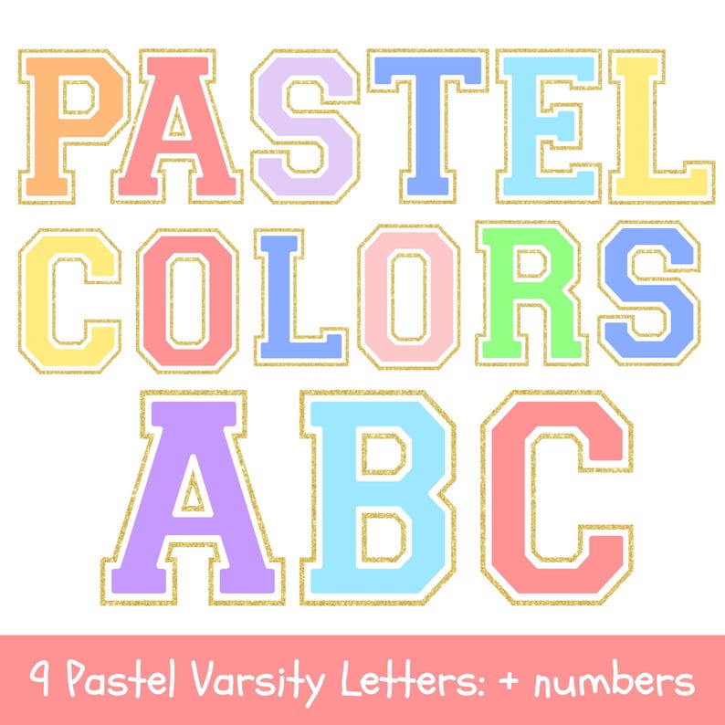 Pastel Glitter Varsity Letter Set: PNG Alphabet, Numbers (canva ...