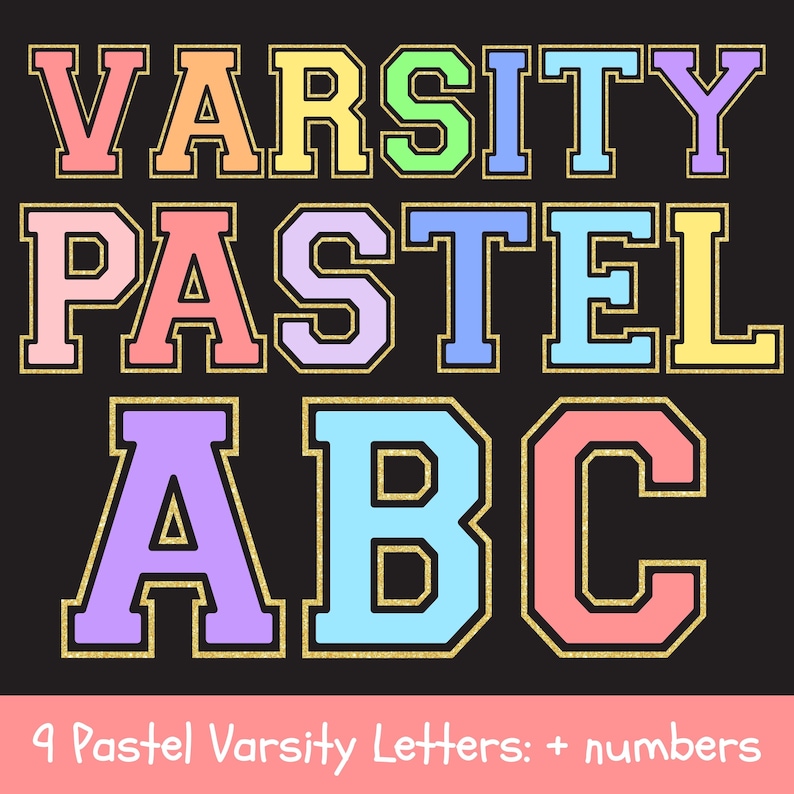Pastel Glitter Varsity Letter Set: PNG Alphabet, Numbers (canva ...