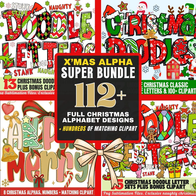 Doodle Letters Alphabet PNG Bundle - Christmas, Xmas Font, Santa ...