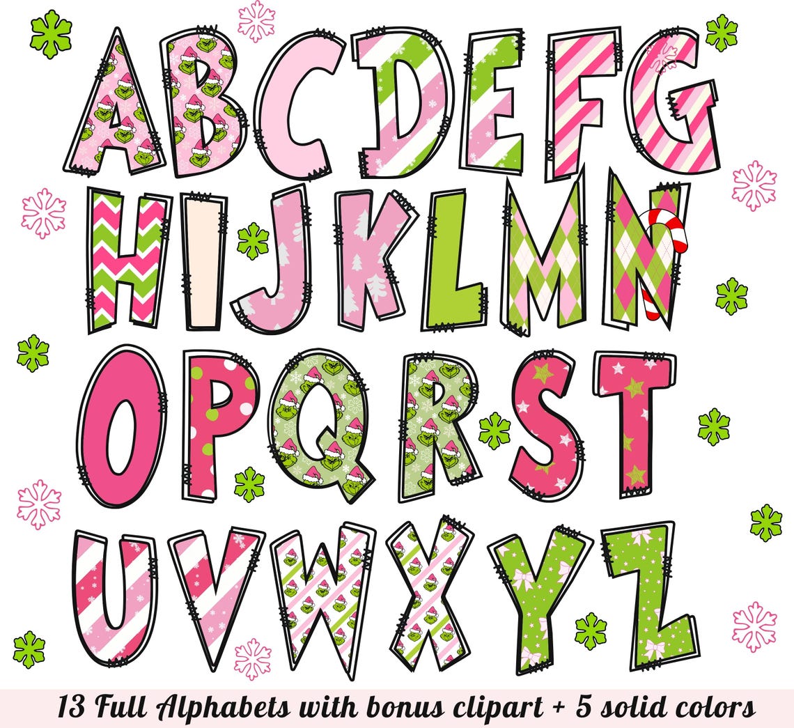 Christmas Doodle Letters, Numbers Clip Art, Retro Xmas Alpha (PNG ...