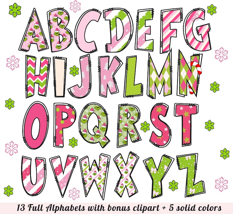 Christmas Doodle Letters, Numbers Clip Art, Retro Xmas Alpha (PNG ...
