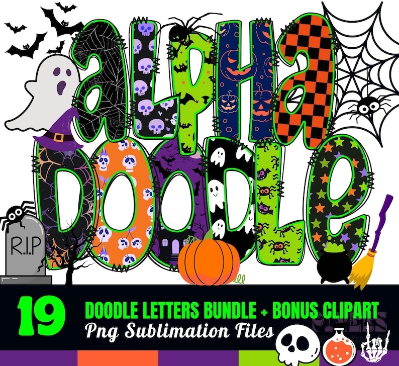 Halloween Doodle Alphabet Clipart Bundle, PNG Files (digital Download ...