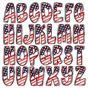 Patriotic American Flag Alphabet PNG Bundle, USA Doodle Letters, Hand ...