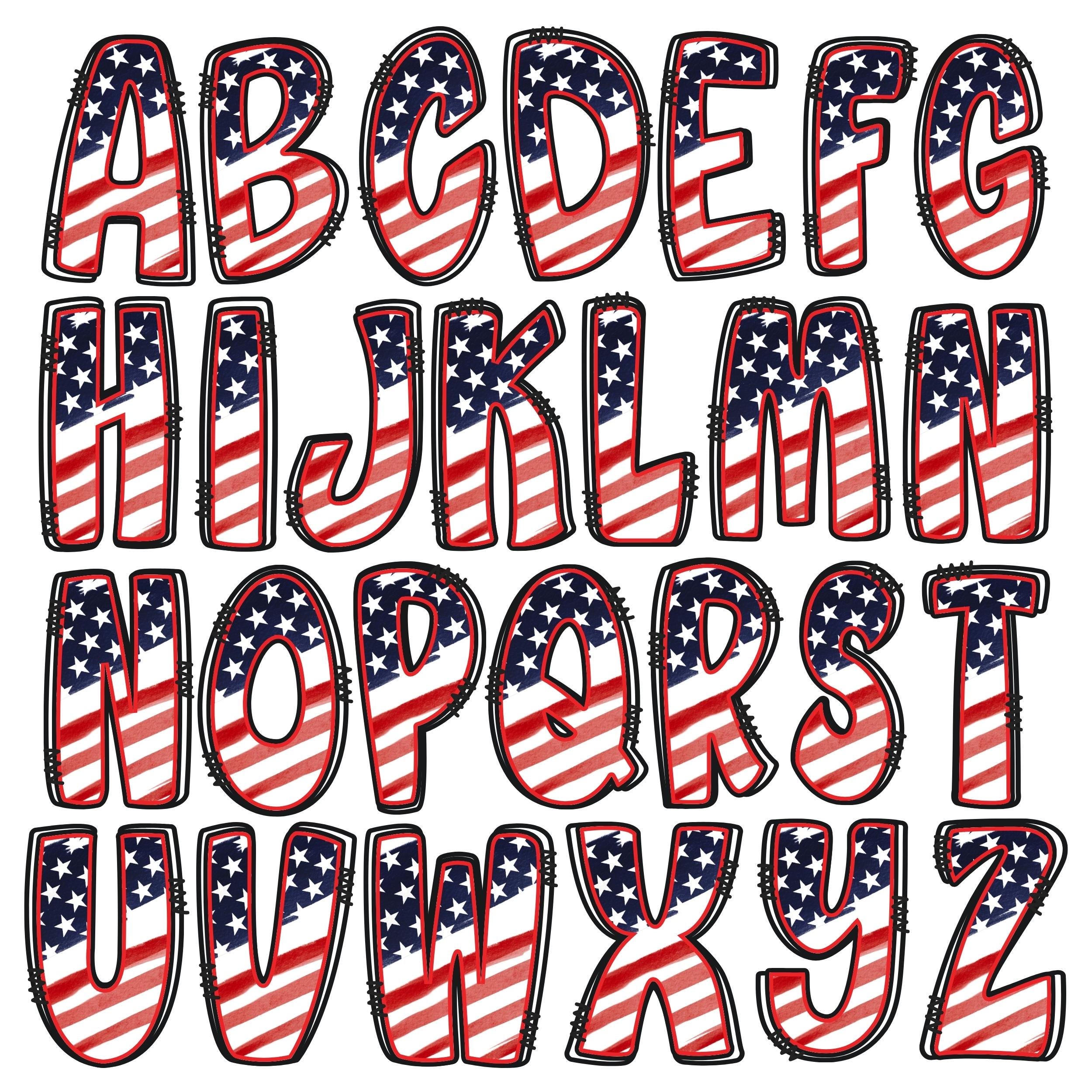 Patriotic American Flag Doodle Alphabet PNG Bundle (digital Download ...