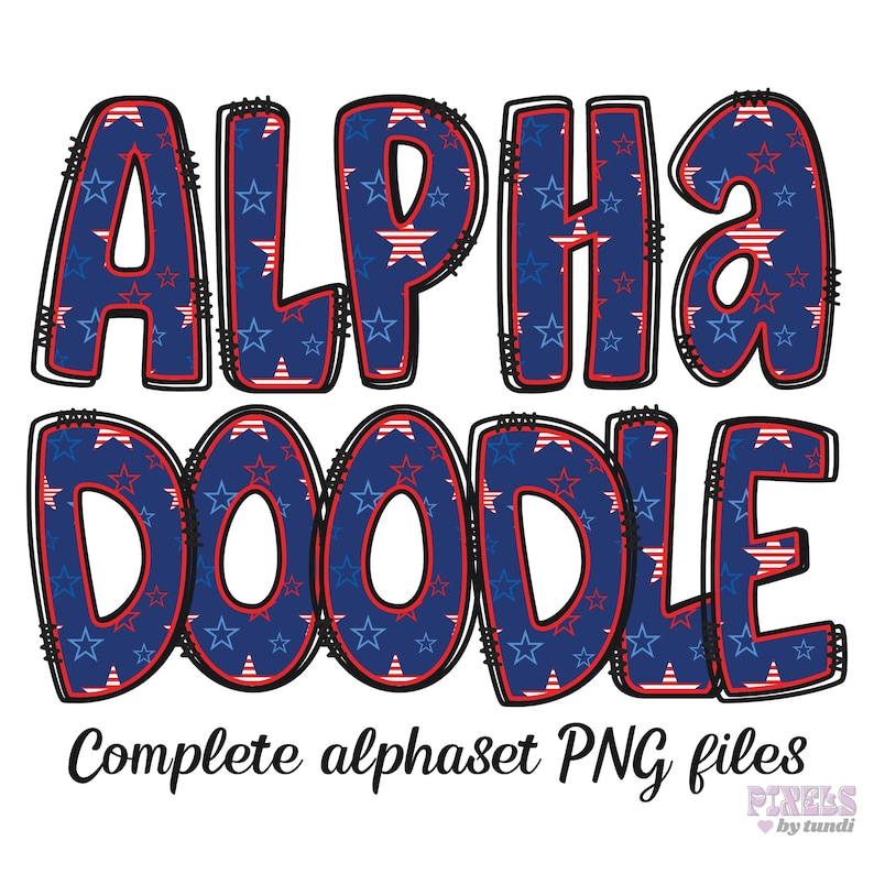 Patriotic American Flag Doodle Alphabet PNG Bundle (digital Download ...