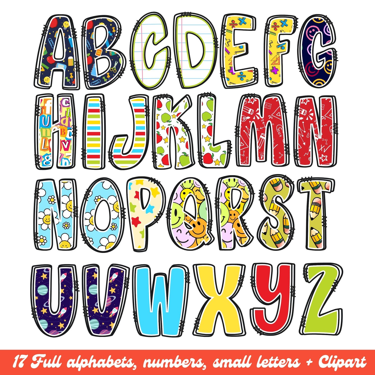 School Doodle Letters PNG Alphabet Bundle: Teacher Clipart (digital ...