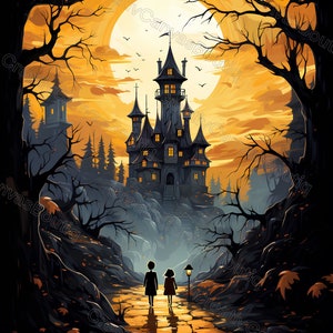 Creepy Castle Art Printable - Halloween Decor, Dark Forest Illustration ...