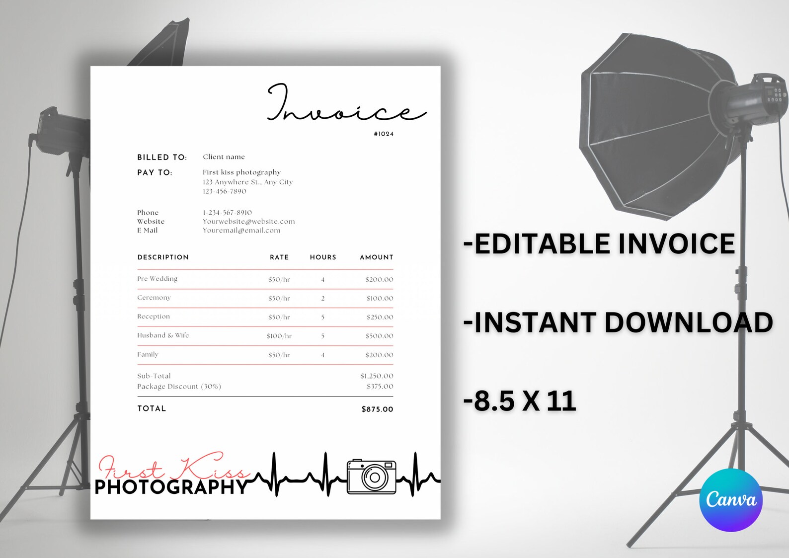 Invoice Template PDF Printable Business Invoice Photography Invoice ...