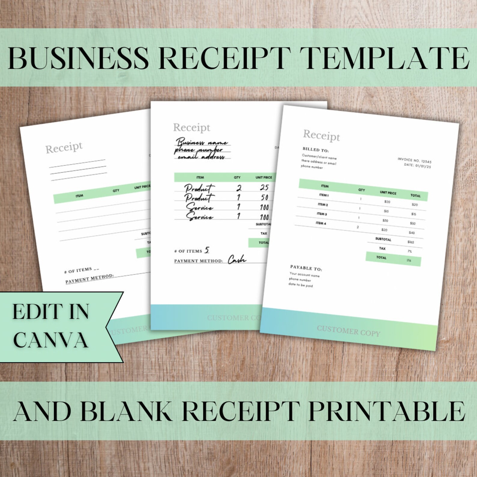 Small Business Receipt Template Printable Blank Receipt Digital ...