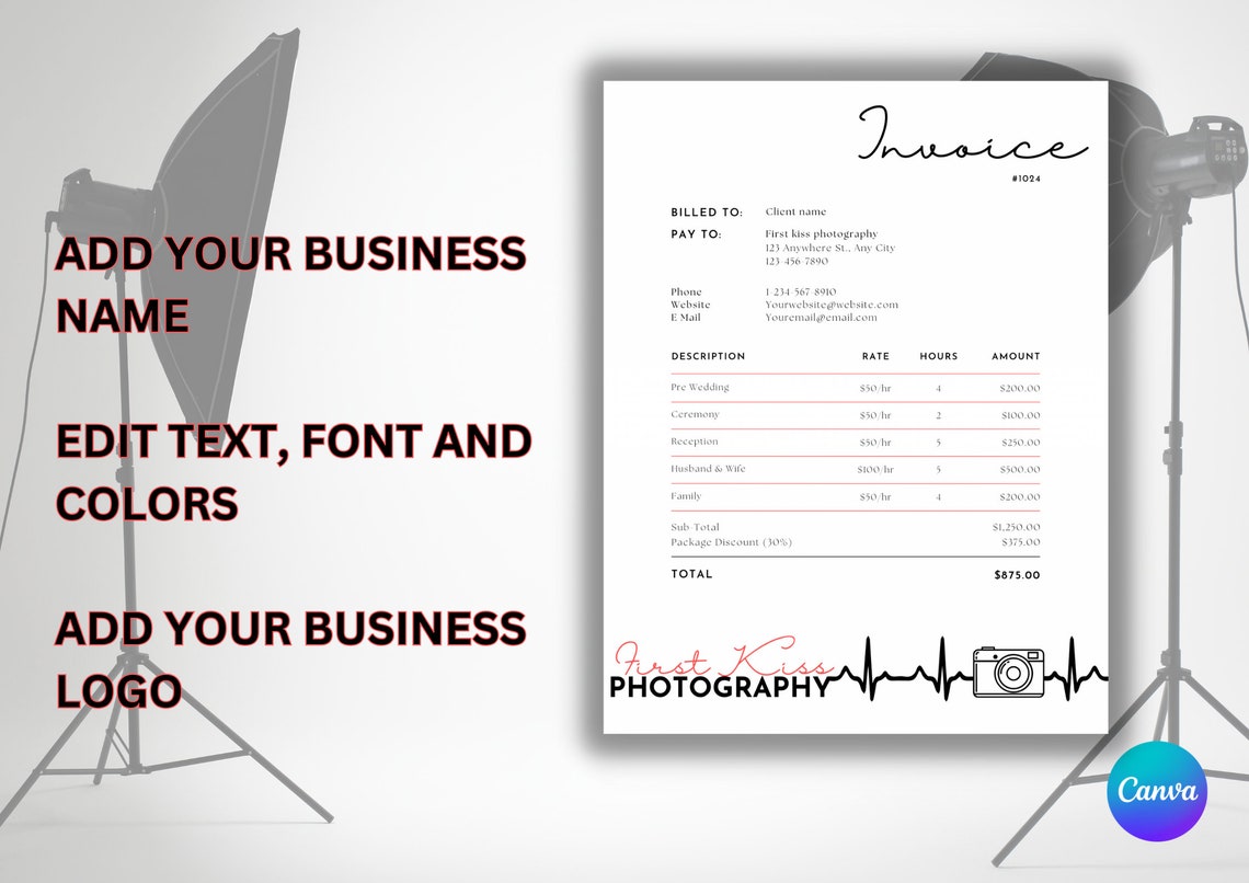 Invoice Template PDF Printable Business Invoice Photography Invoice ...