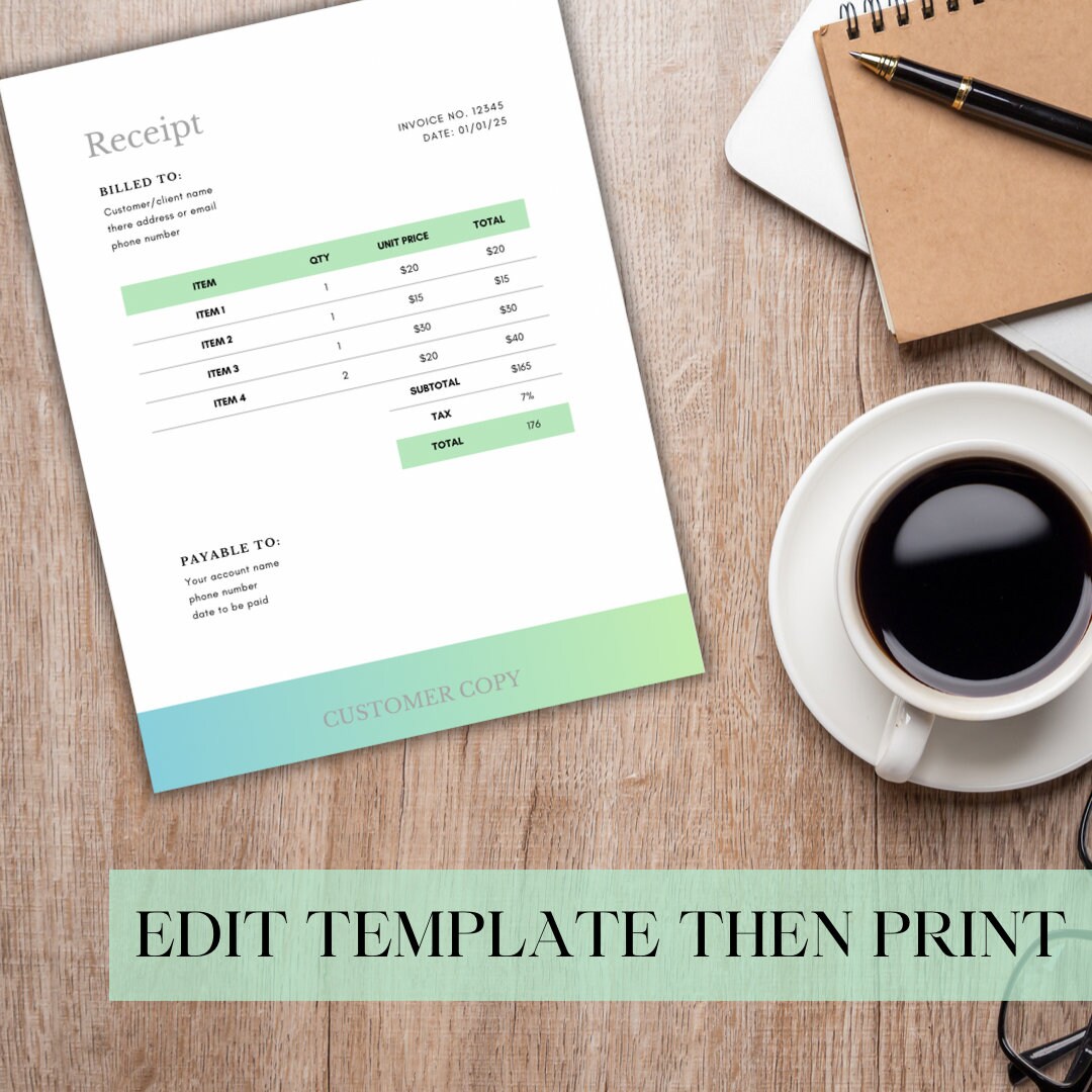 Small Business Receipt Template Printable Blank Receipt Digital ...