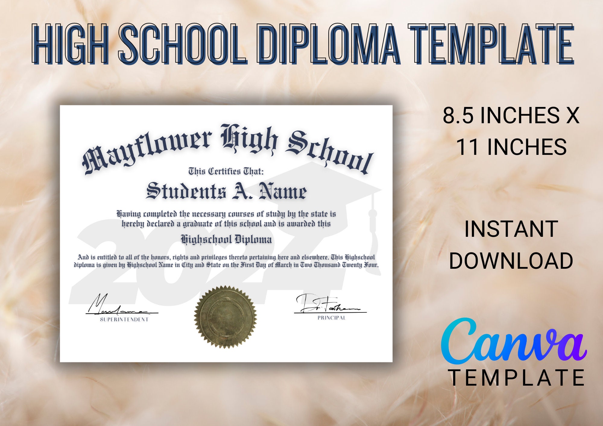High School Diploma Template With Gold Seal Canva Diploma Template ...
