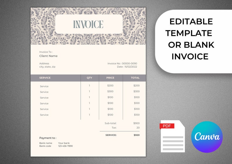 Invoice Template PDF Printable Business Invoice Service Invoice ...