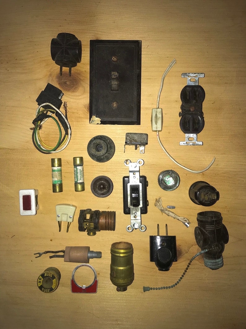 Vintage Electrical Lot Old Lamp Parts Vintage Junk Drawer Lot Electric Hardware Random Electric ...