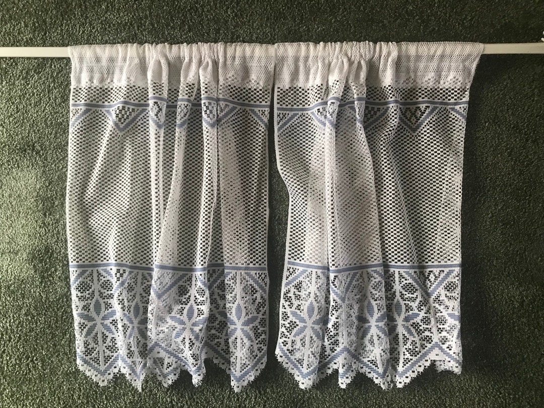 White and Blue Lace Cafe Curtains Vintage Half Curtains Kitchen Retro ...