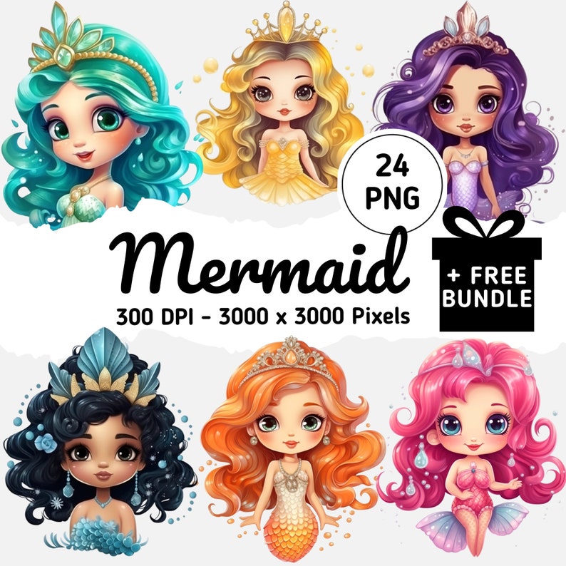 Watercolor Mermaid Clipart for Girl Bedroom Decor, Cute Mermaid Clipart ...