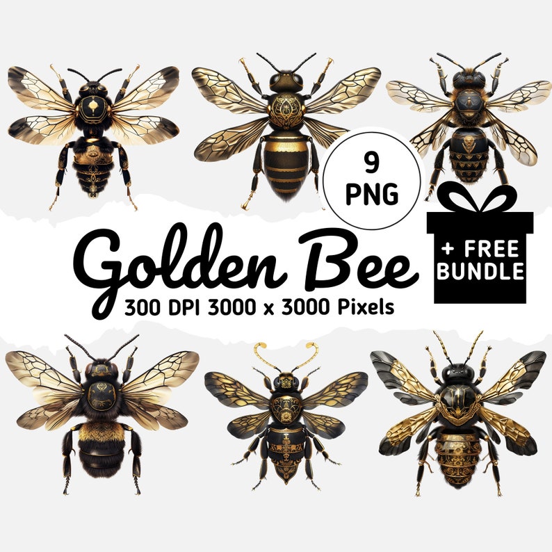 Black and Gold Bee Clipart Collection - Top-down Detailed Bees PNG ...