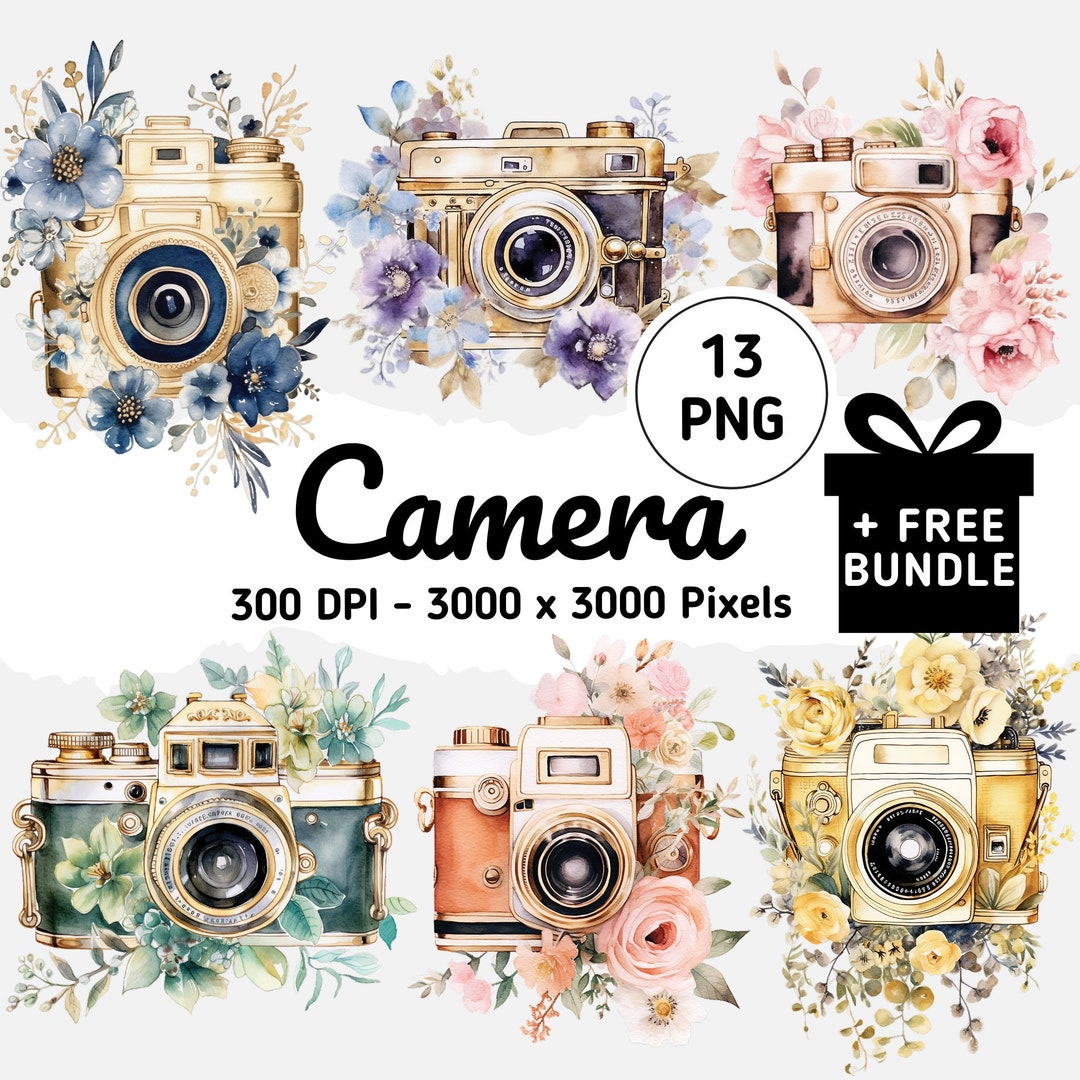 Watercolor Camera Clipart - 13 Isolated Vintage Camera Designs, Floral ...