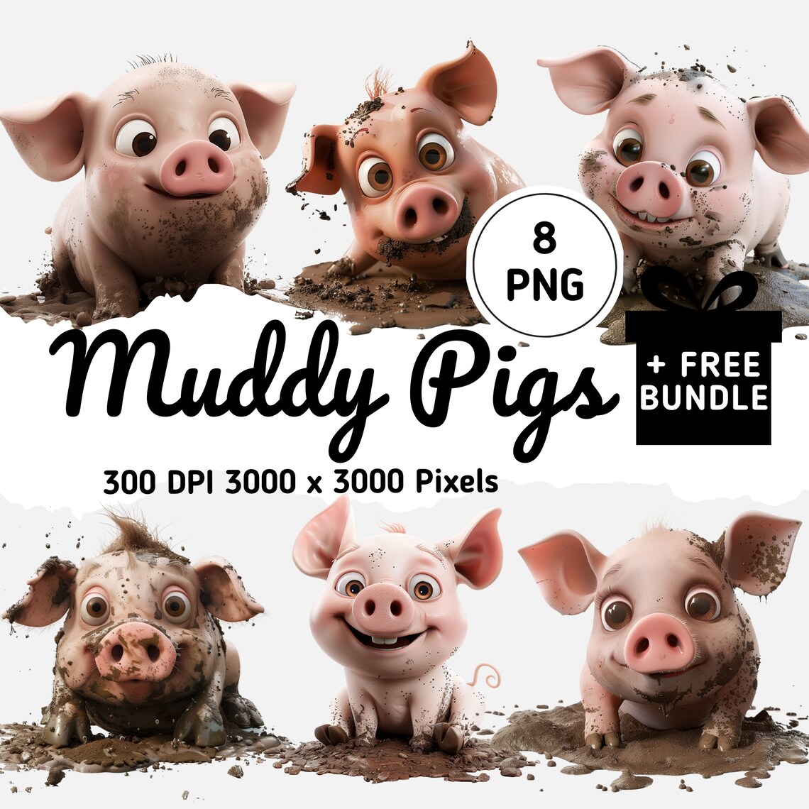 Cute Muddy Pig Clipart, Cartoon Baby Pigs Playing in Mud, Pixar-style ...