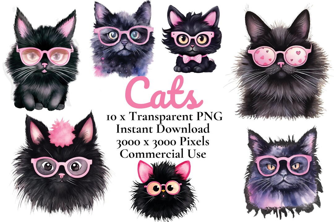 Watercolor Cat Clipart Cat With Pink Glasses PNG Commercial - Etsy