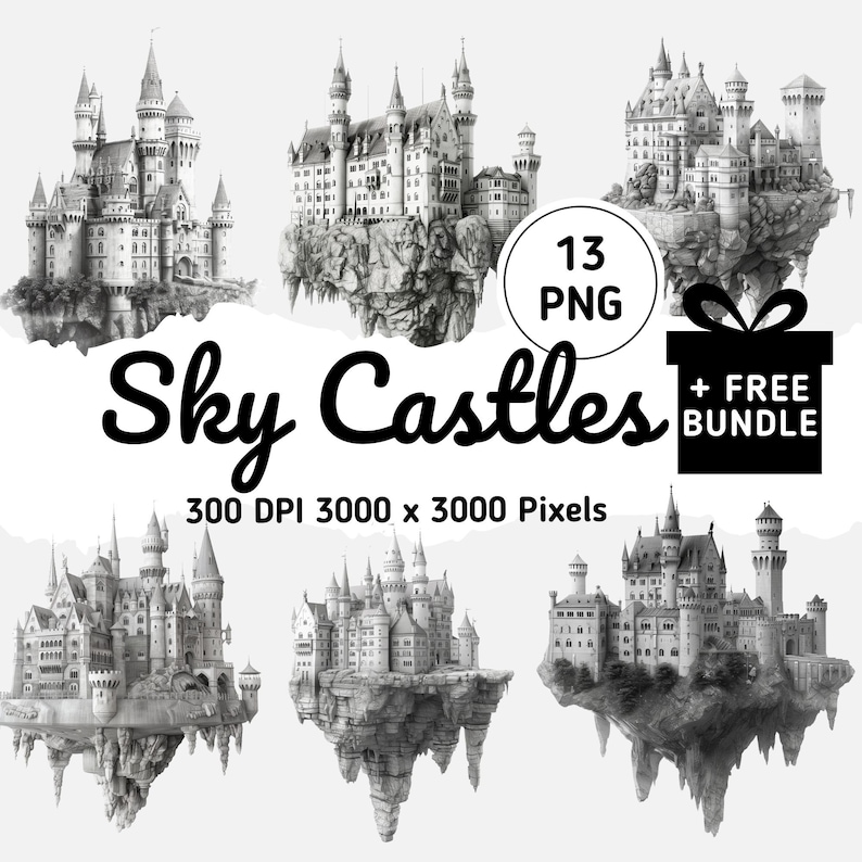Sky Castles Charcoal Drawings Clipart: Fantasy Architecture PNG ...