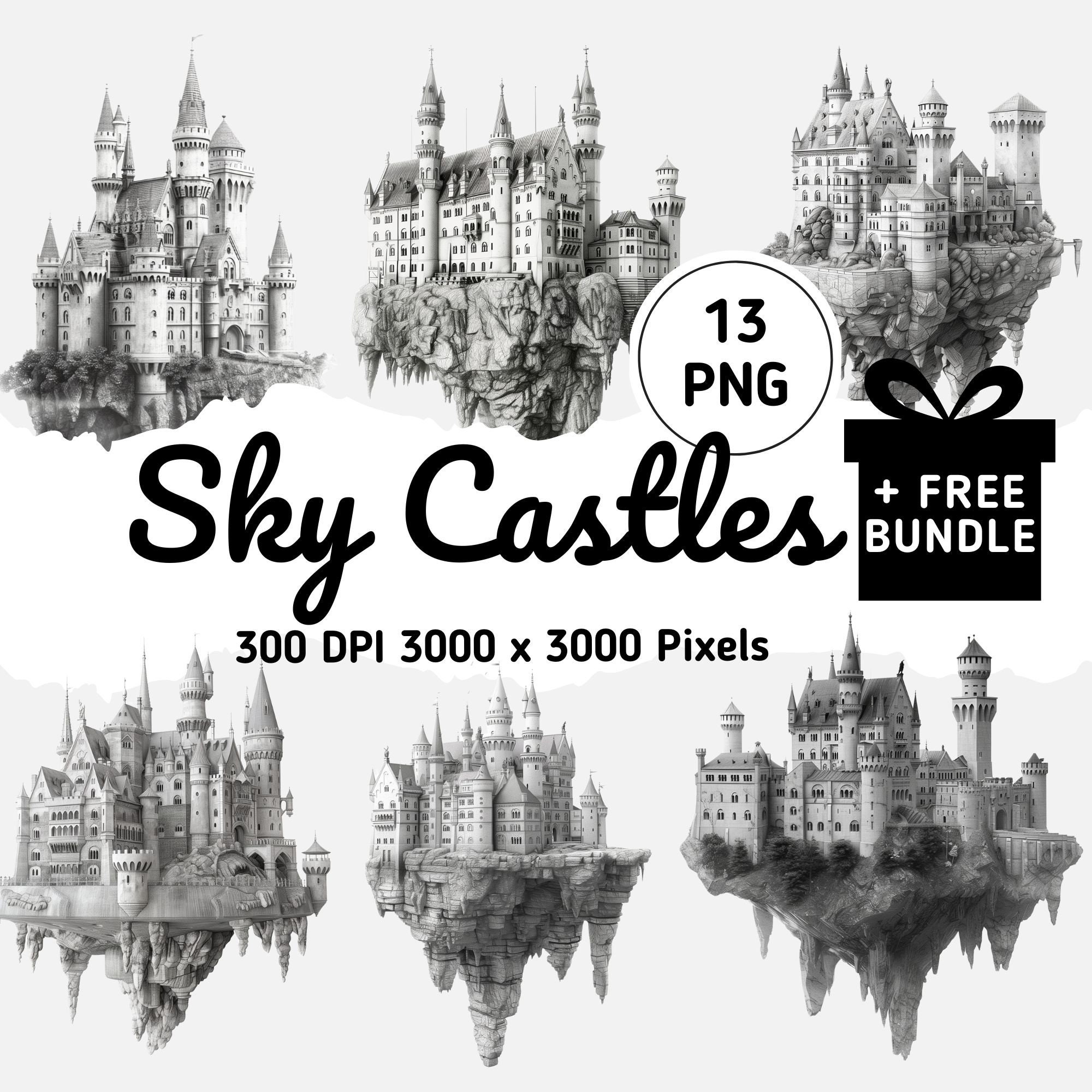 Sky Castles Charcoal Drawings Clipart - Floating Rock Castles PNG ...