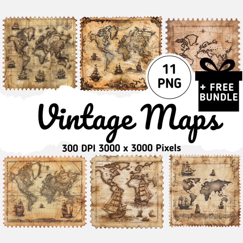 Vintage Aged Map Clipart Collection - 11 Old World & Treasure Maps PNG ...