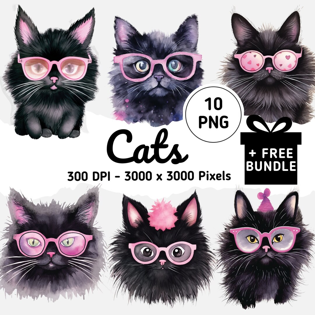 Watercolor Cat Clipart, Cat With Pink Glasses PNG Commercial Use Cute ...