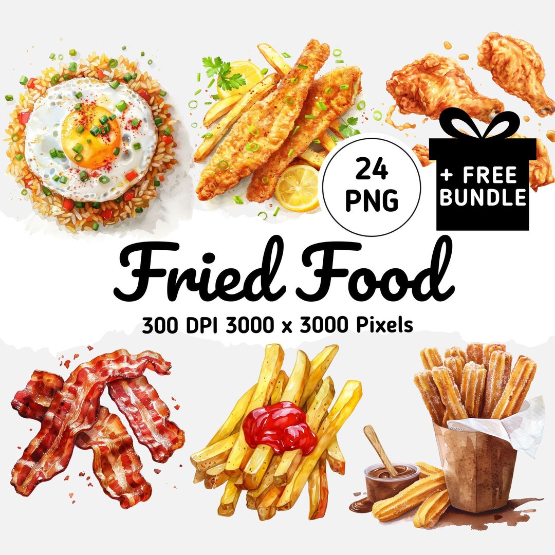 Watercolor Fried Food Clipart Collection, 24 Delicious Realistic Fried ...