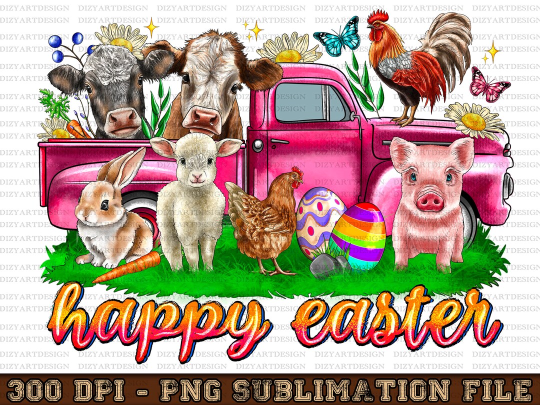 Happy Easter Truck With Animals Farm Png Sublimation Design Download ...