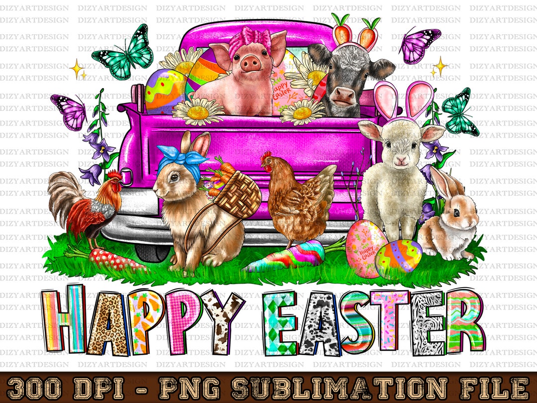 Happy Easter Truck With Animals Farm Png Sublimation Design Download ...