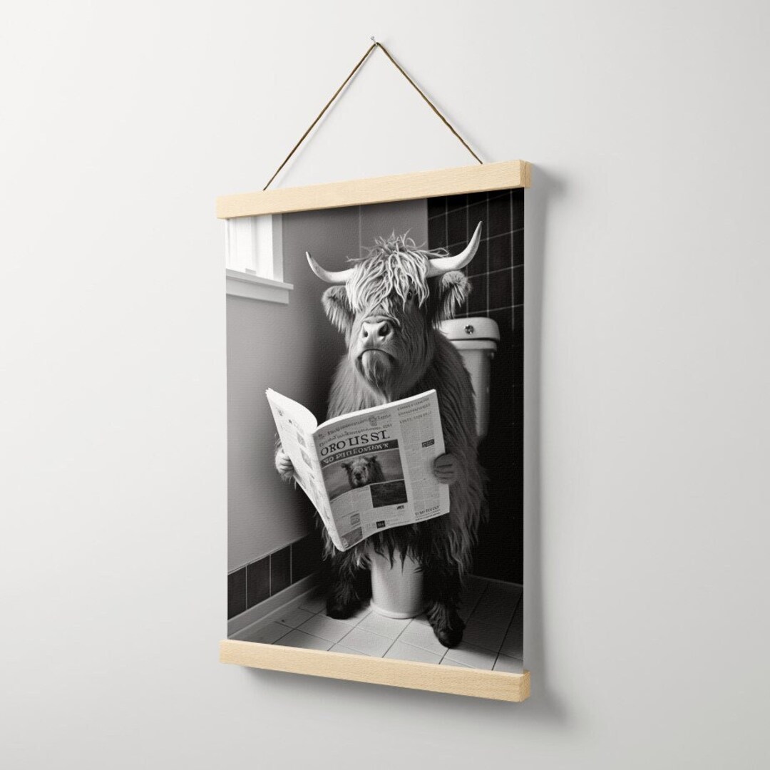Highland Cow on Toilet, Bull Reading Newspaper on Toilet, Funny Animal ...