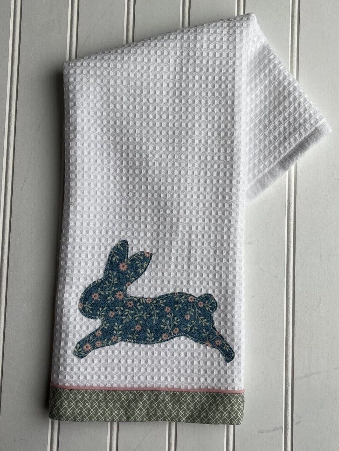 Spring Kitchen Towel - Fabric Trim Dish Towel - Applique Bunny - Hand ...