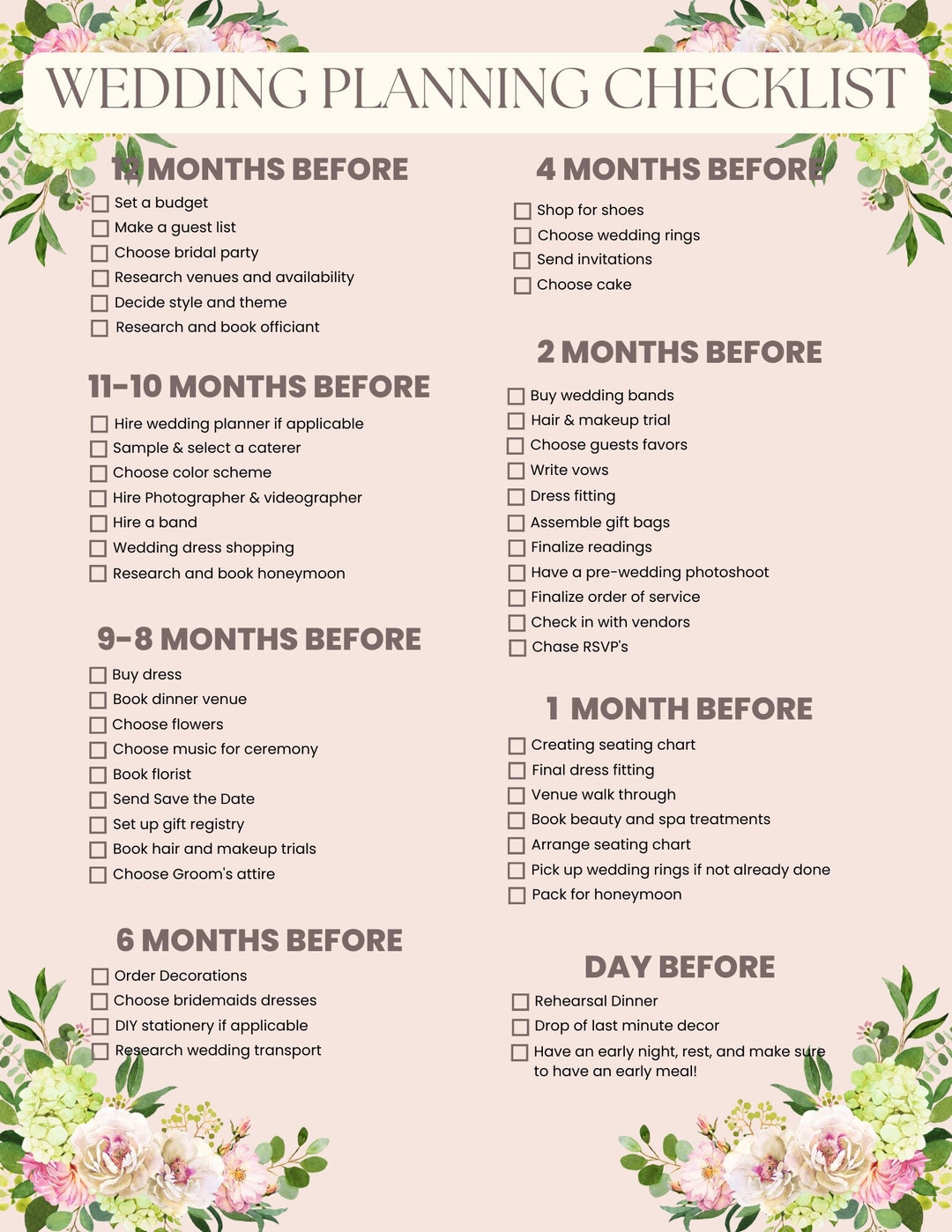 Wedding Planner Checklist, Wedding Planner, Month-by-month Planning ...