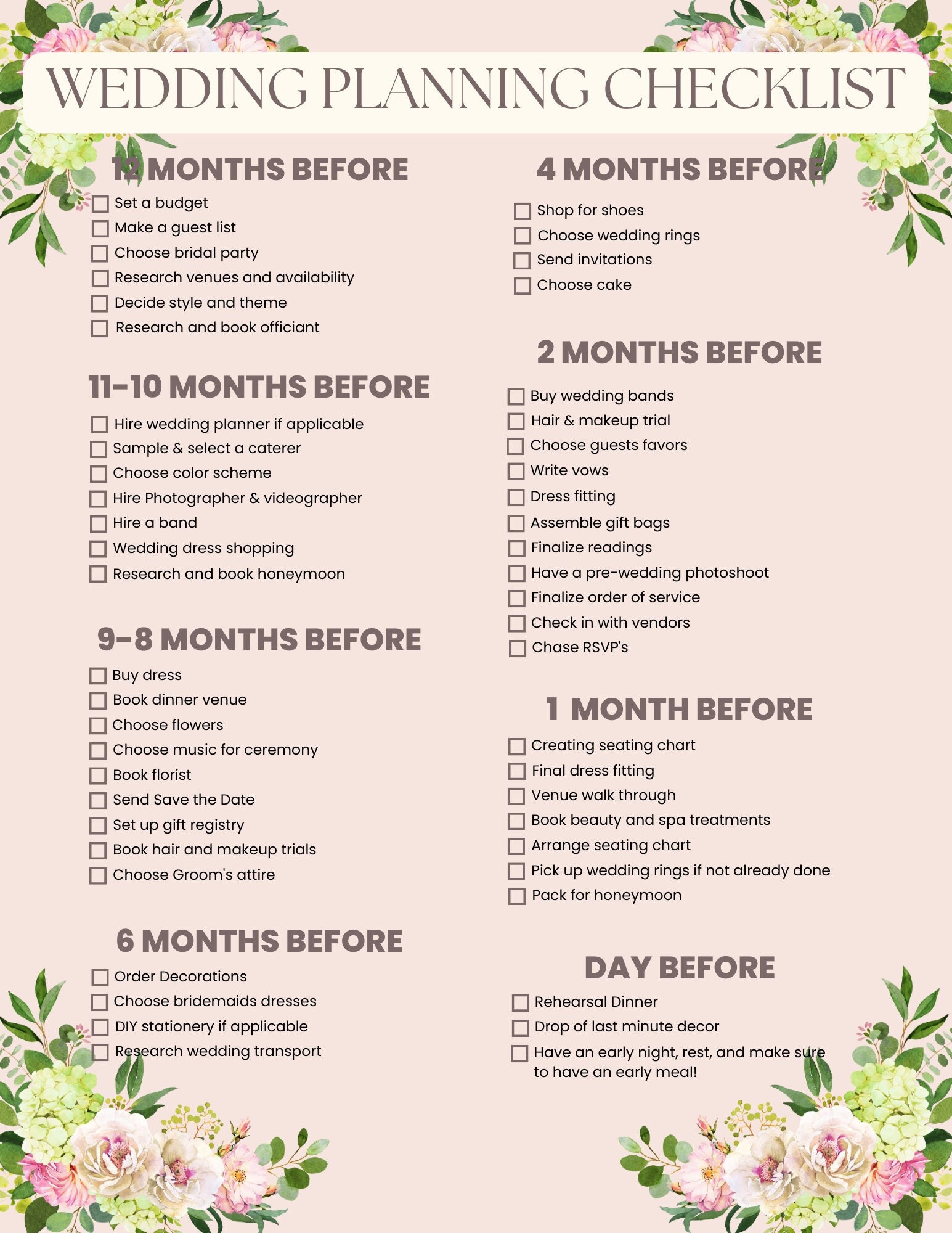 Wedding Planner Checklist, Wedding Planner, Month-by-month Planning ...