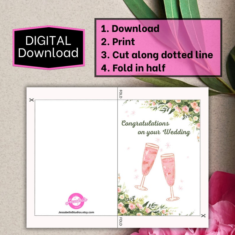 Printable Pink Floral Wedding Card, Congratulations // INSTANT DOWNLOAD ...