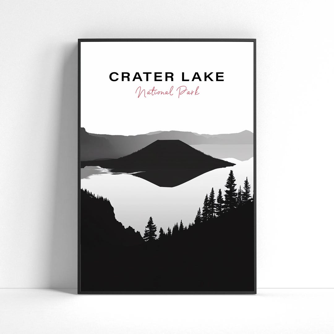 Crater Lake City Print, Black and White Travel Poster, National Park ...
