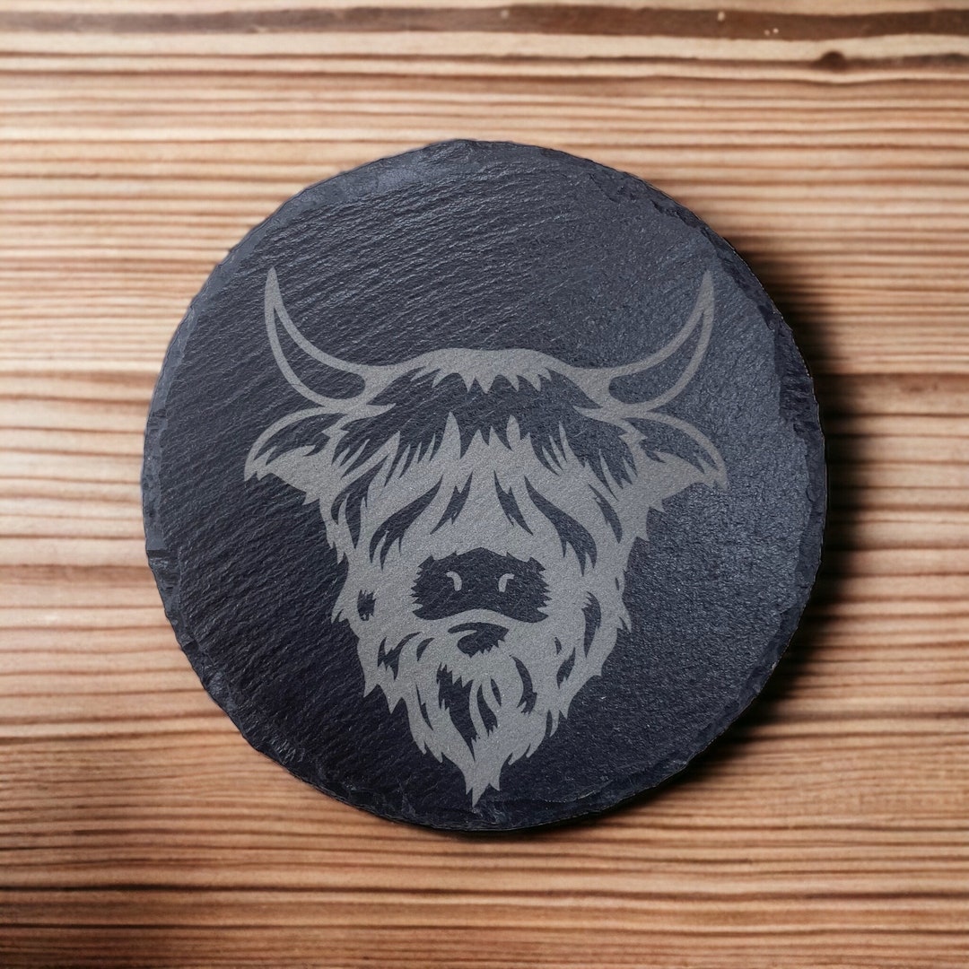 Custom Highland Cow Slate Coaster, Engraved Black Slate Coasters, Table ...