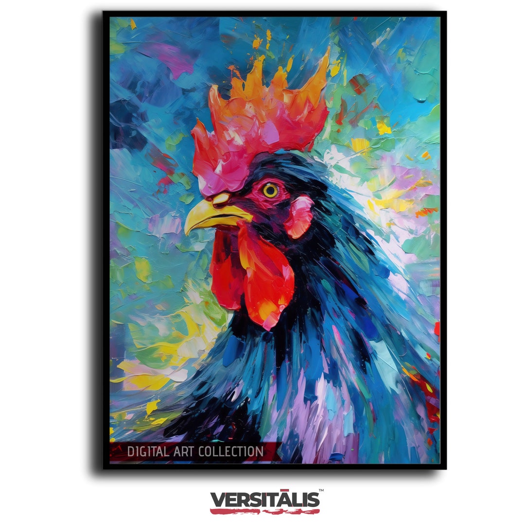 Vibrant Dawn: Impressionist Black Rooster Canvas Print - Digital ...