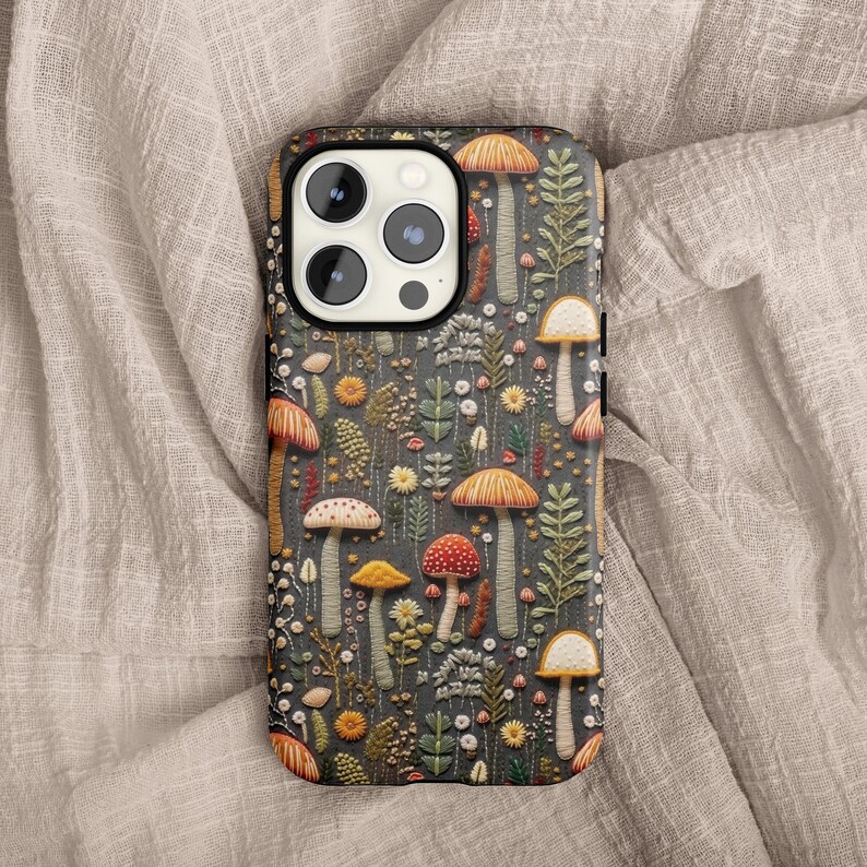 Embroidered Felt Mushroom Cottagecore Phone Case, Autumn Fall Color Forest Foliage, iPhone 14 15 ...