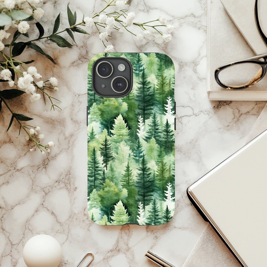 Watercolor Pine Tree Forest Mountains Glossy Tough Phone Case iPhone 15 ...
