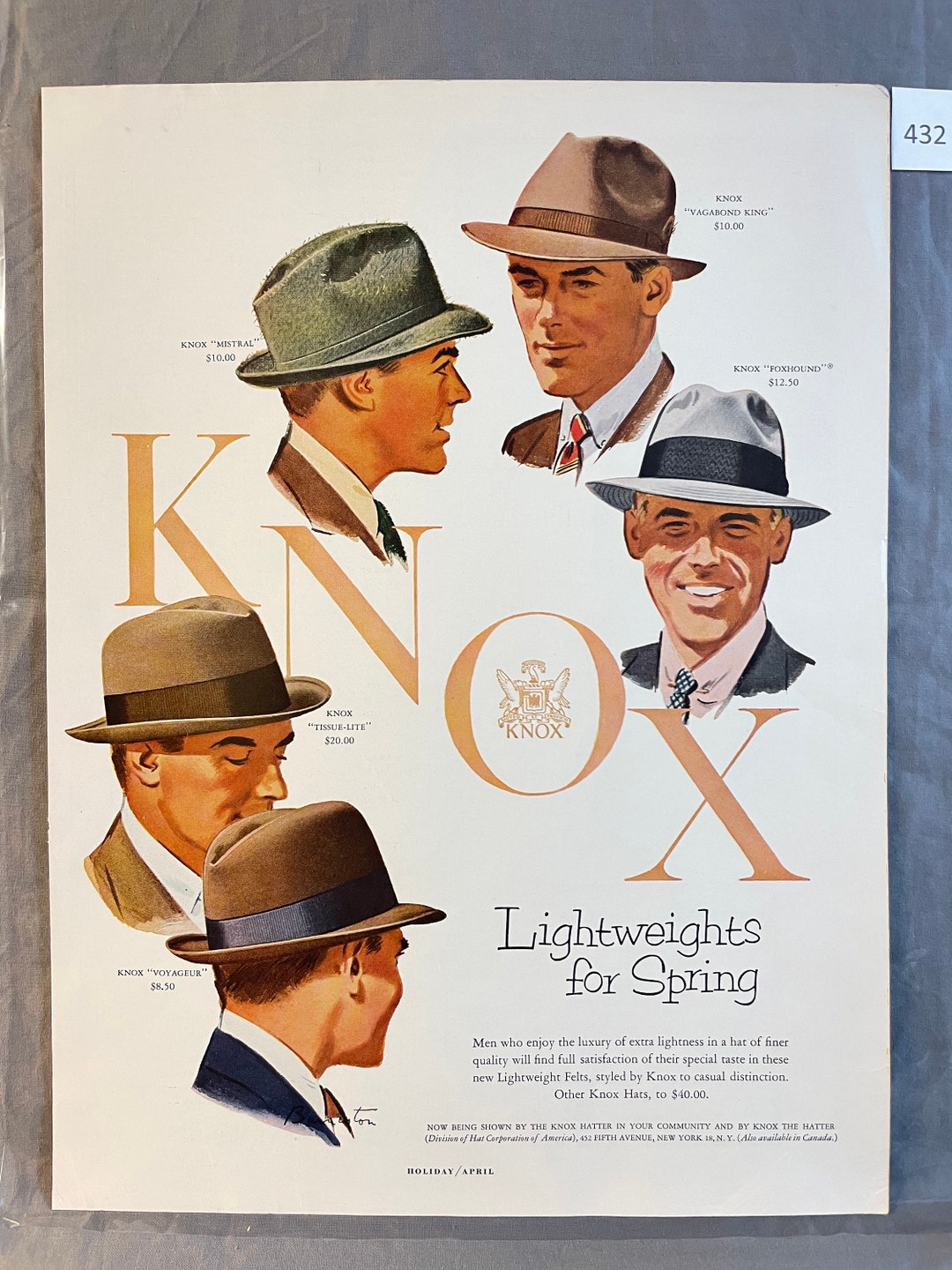 Knox Hats - Holiday Magazine – April 1955 – Ad #432 - Etsy