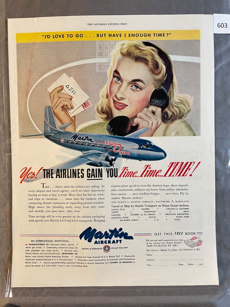 Martin Aircraft - Saturday Evening Post – July 1947 – Ad #603 - Etsy