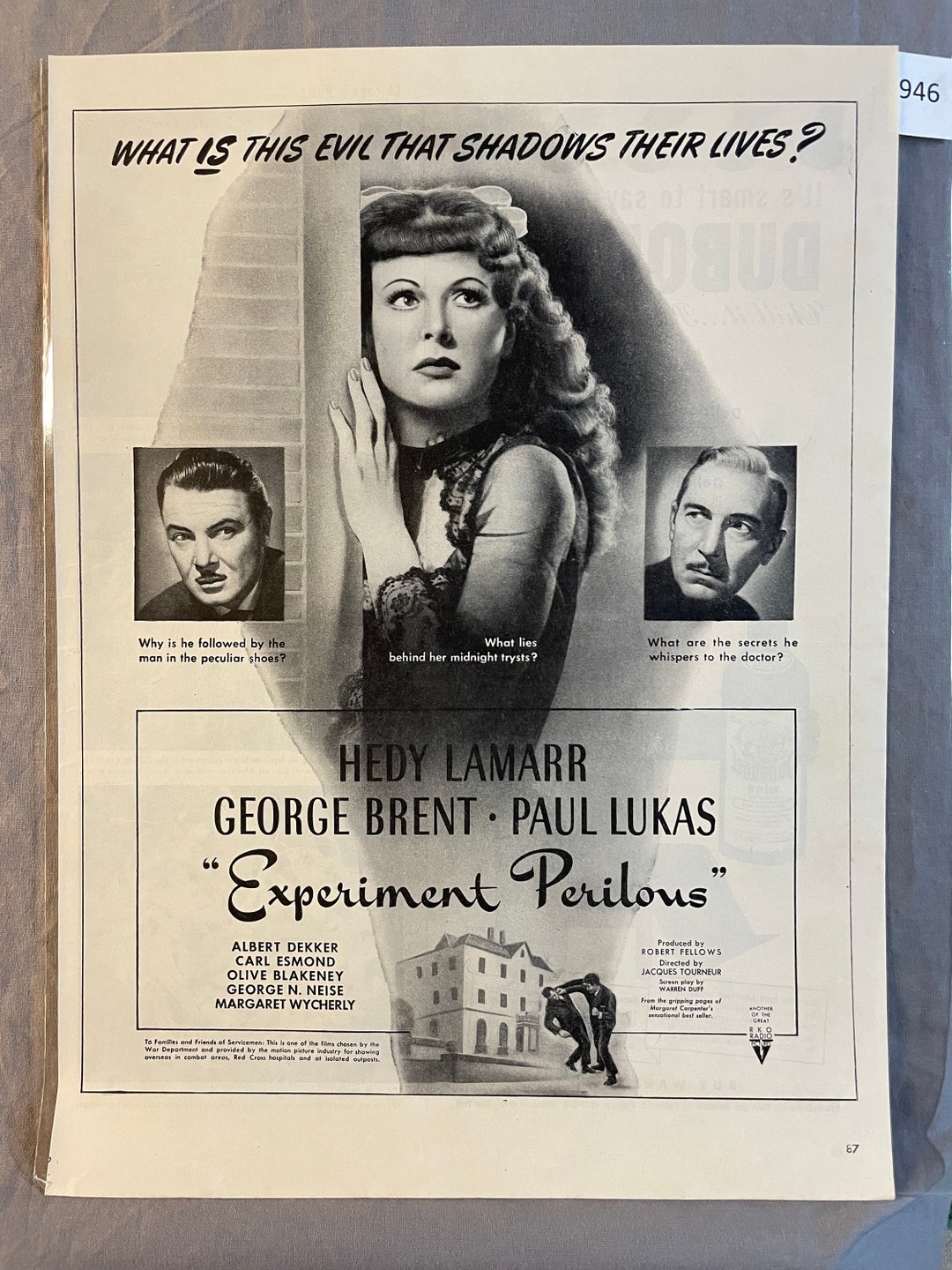 Movie experiment Perilous Heddy Lamarr Life Magazine December 1944 Ad ...