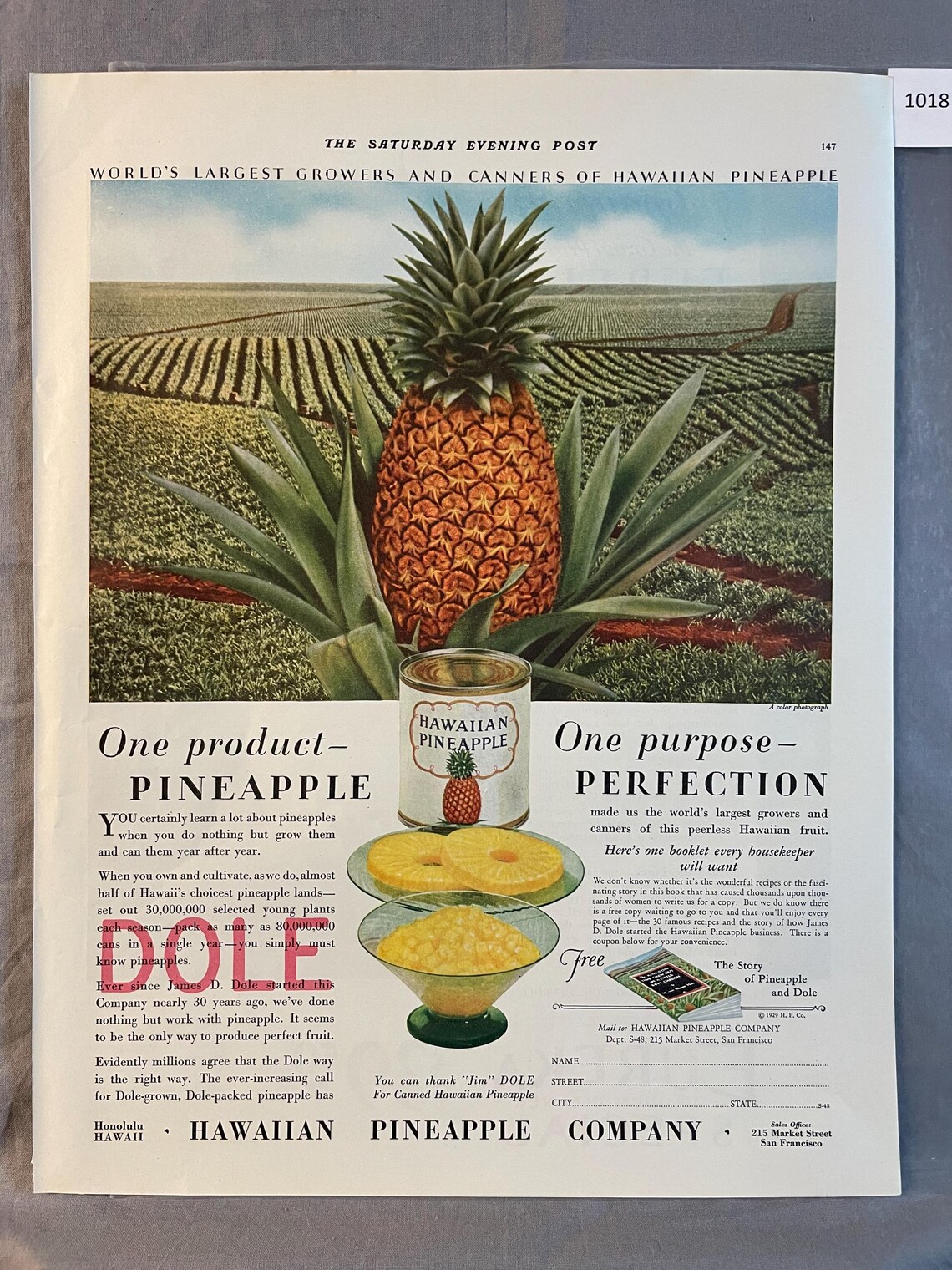 Dole Pineapple - Saturday Evening Post – April 1929 – Ad #1018 - Etsy