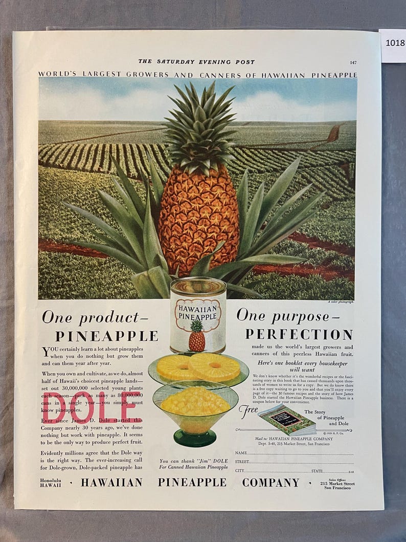 Dole Pineapple - Saturday Evening Post – April 1929 – Ad #1018 - Etsy
