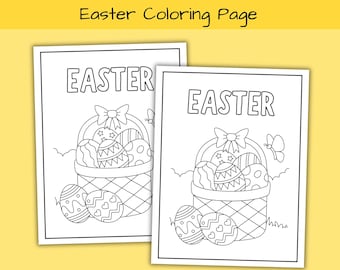 Easter Coloring Page Printable Bunny With Basket Eggs Spring Flowers ...