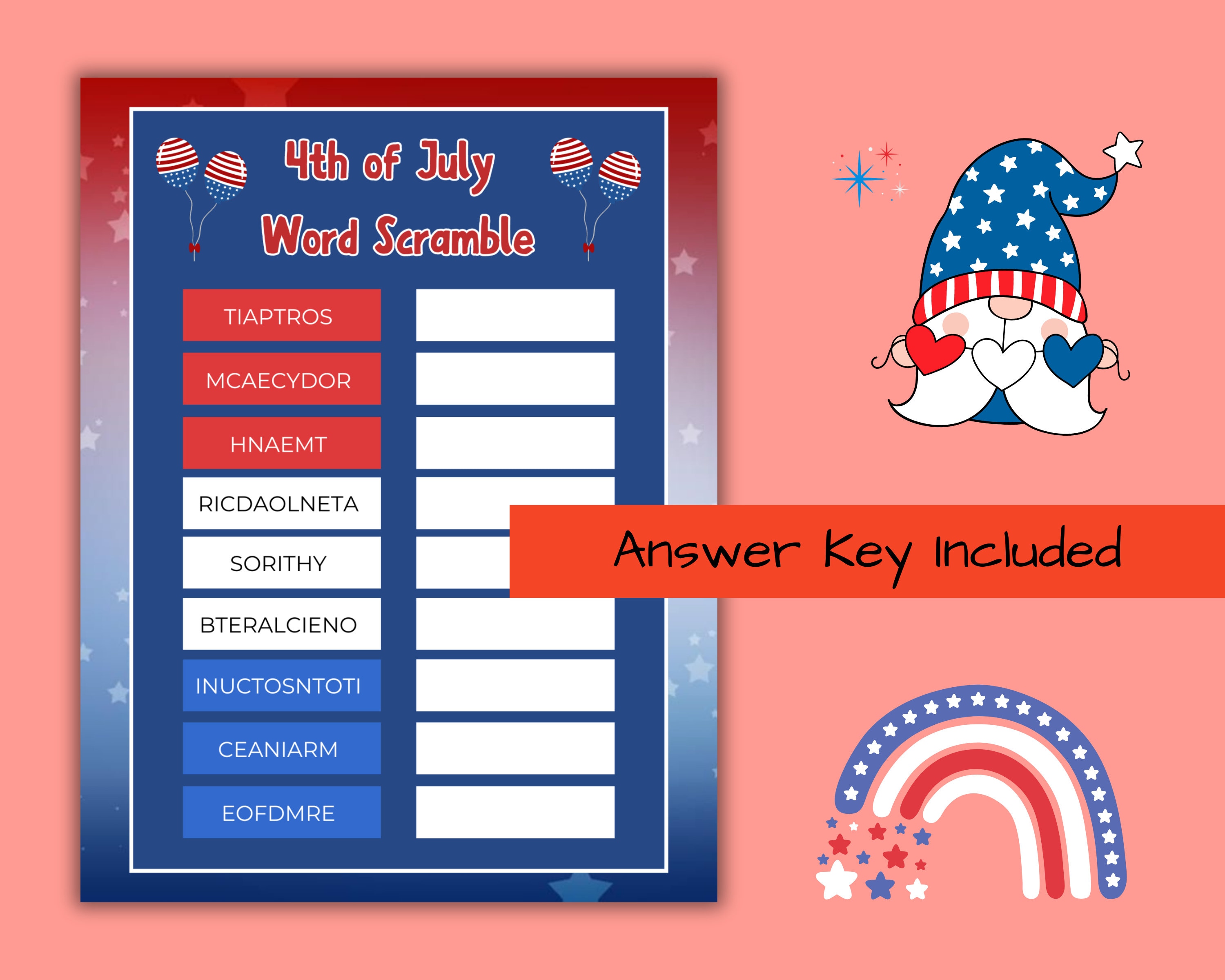 Fourth of July Word Scramble Printable, 4th of July Party Game ...